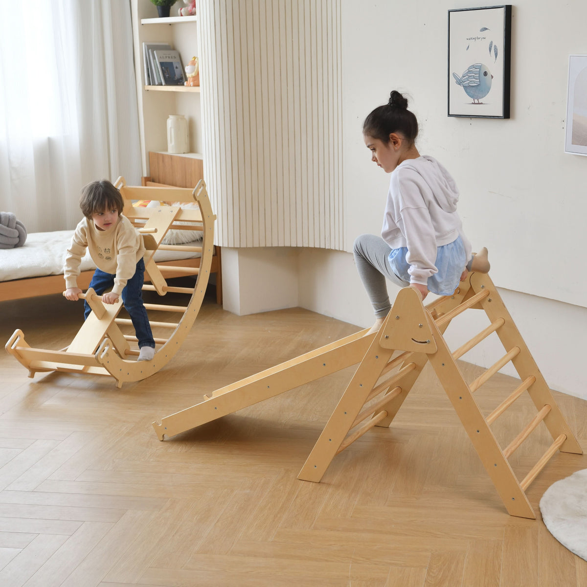 Bazel 6-in-1 Pikler Climber Set | Wooden Triangle, Rocker Arch & Slide ...